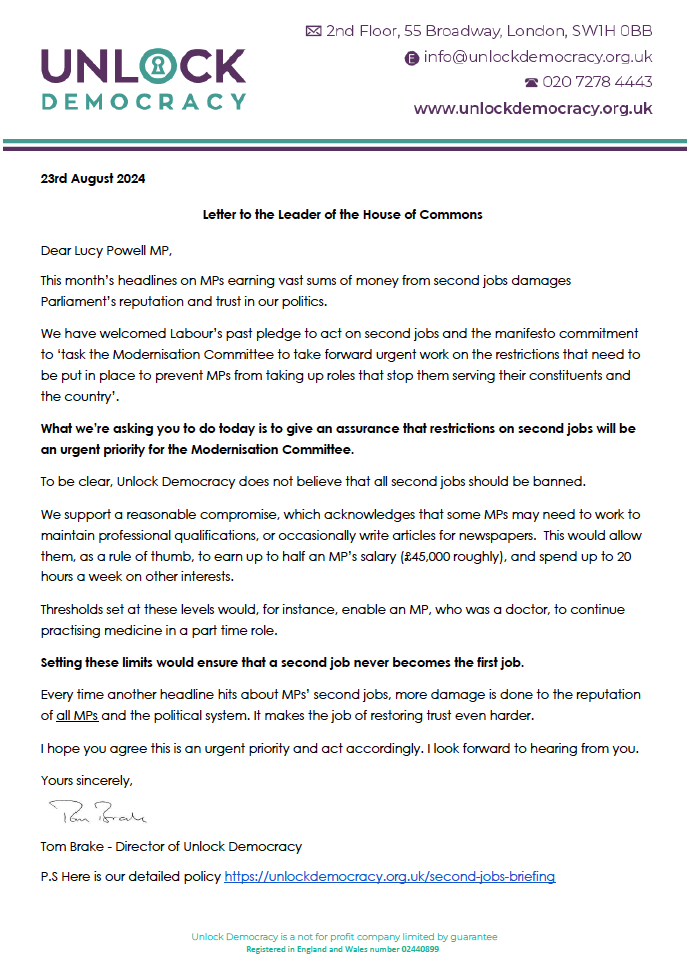 Letter to Lucy Powell MP on MPs' second jobs — Unlock Democracy