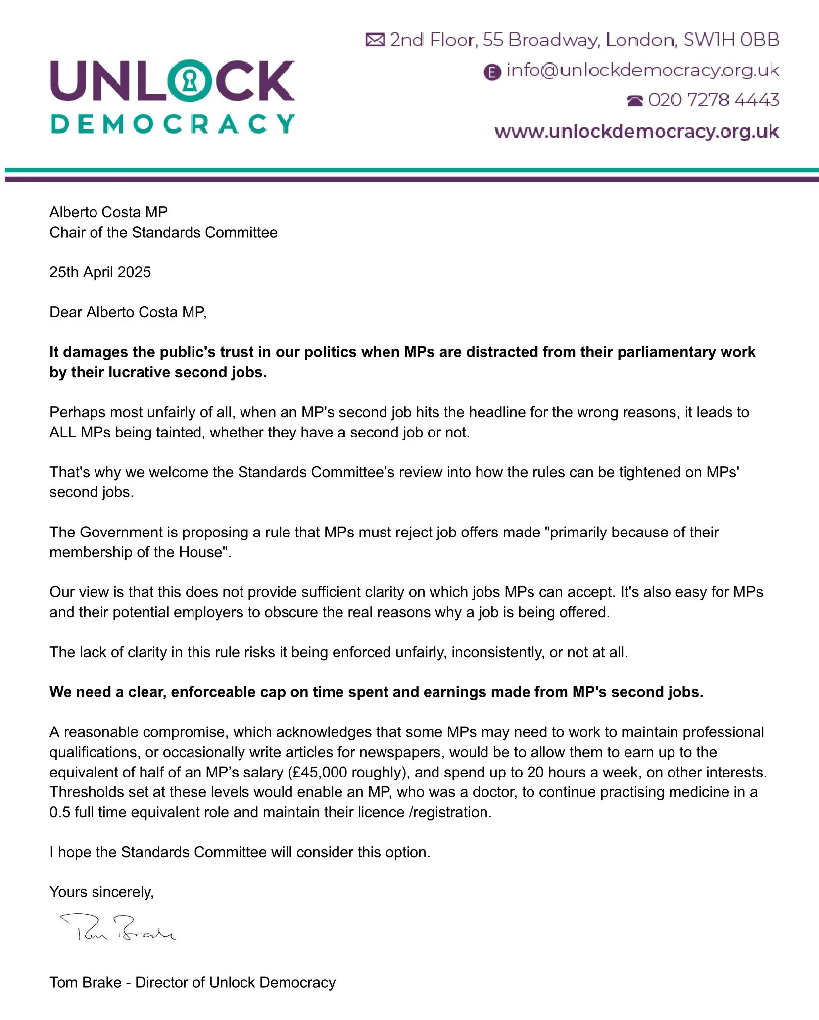 Letter to Standards Committee — Unlock Democracy