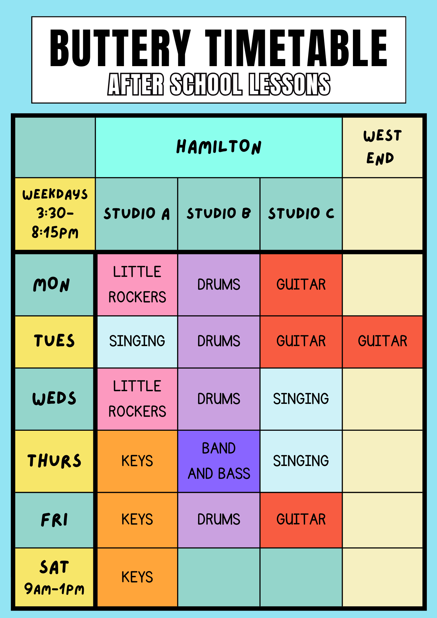 School Timetable | The Buttery Music School | Brisbane Music Lessons