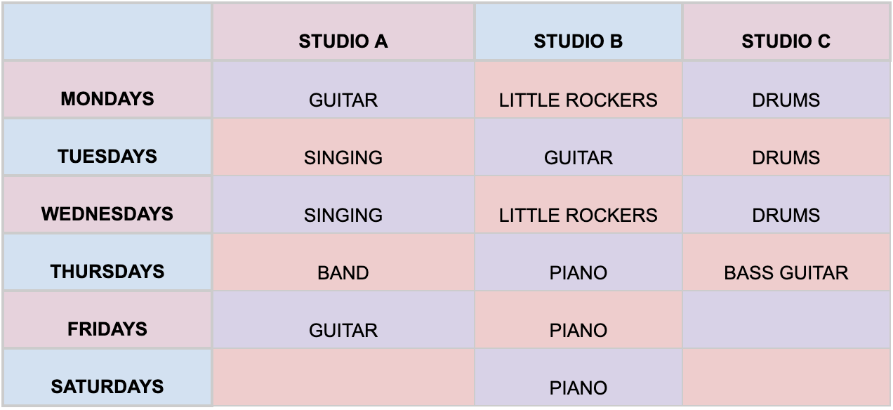 School Timetable | The Buttery Music School | Brisbane Music Lessons
