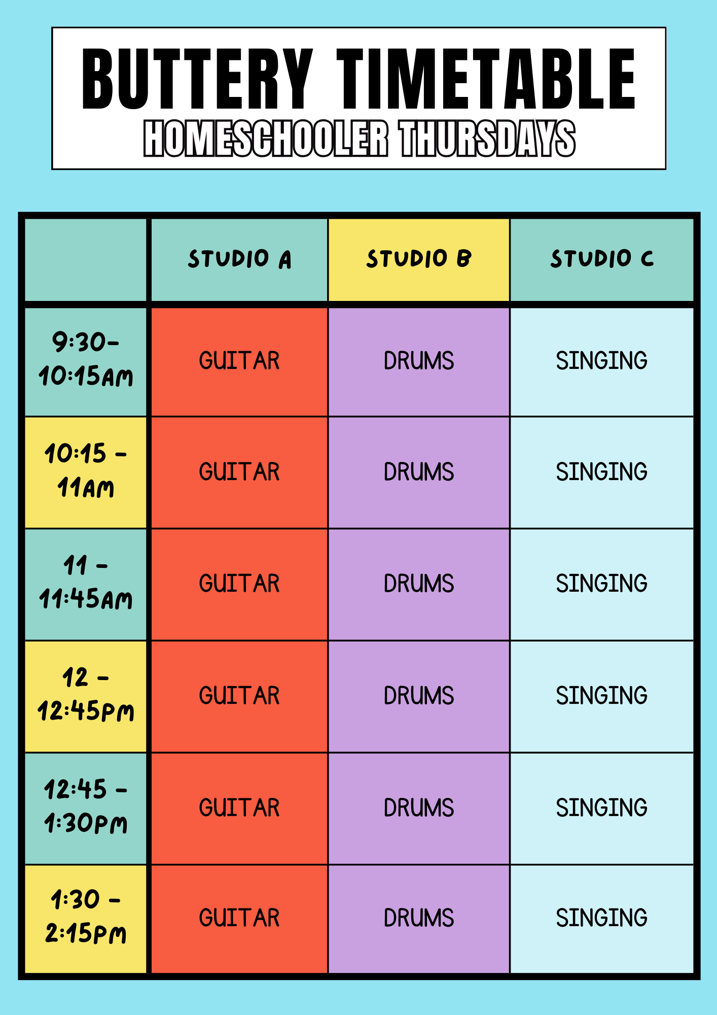 School Timetable | The Buttery Music School | Brisbane Music Lessons