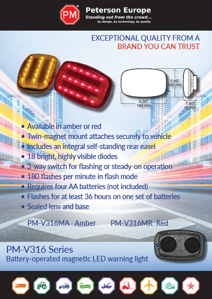PM-V316 battery-operated magnetic LED warning Light — Peterson Europe