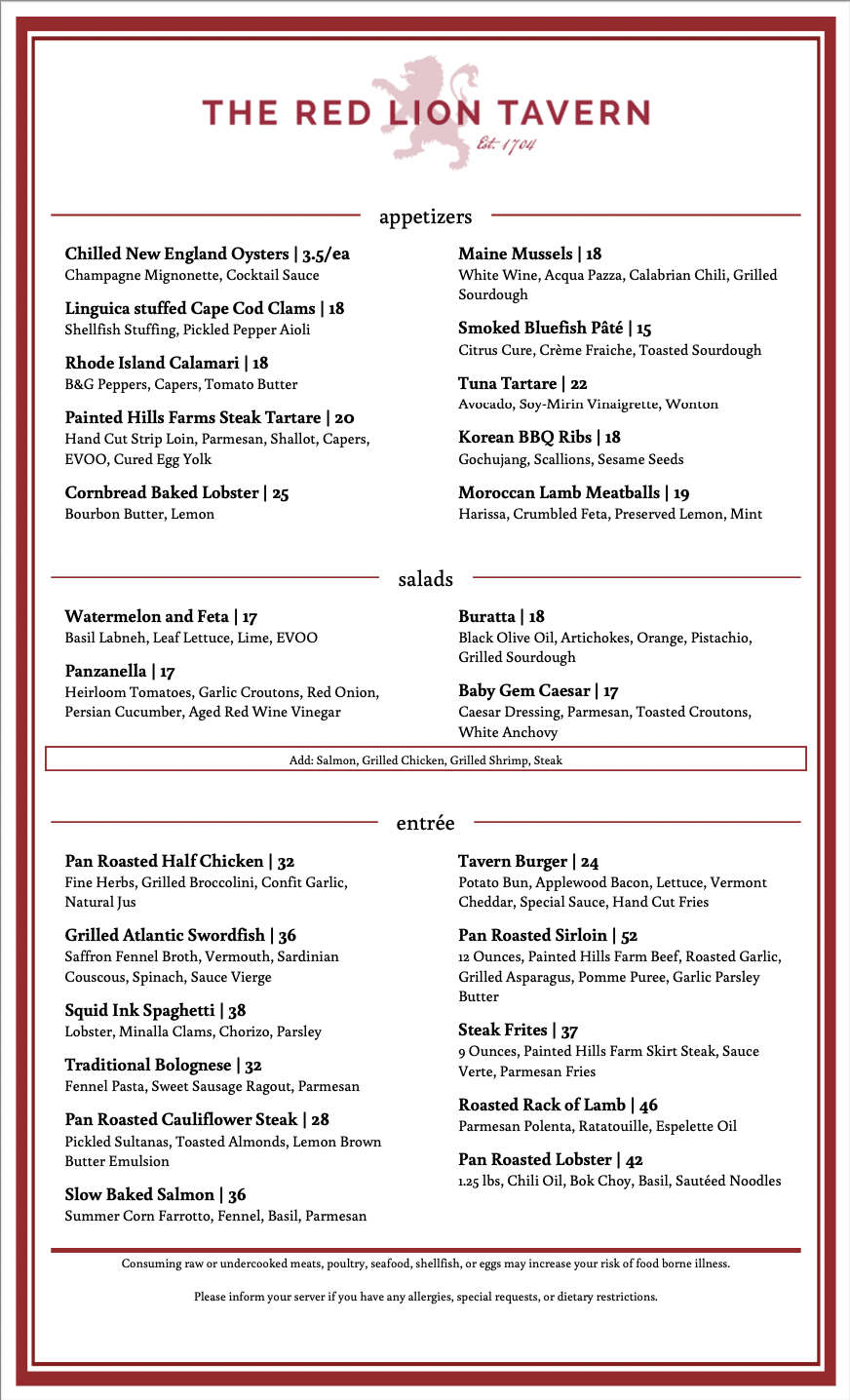Dinner Menu — The Red Lion Tavern Cohasset