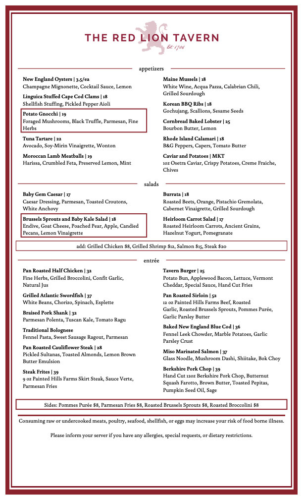 Dinner Menu — The Red Lion Tavern Cohasset