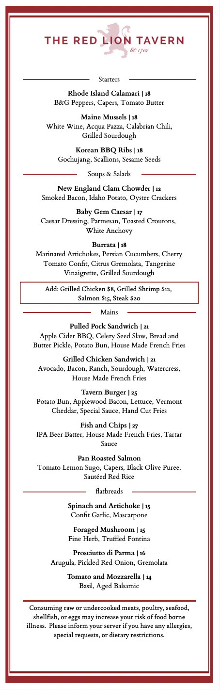 Lunch Menu — The Red Lion Tavern Cohasset