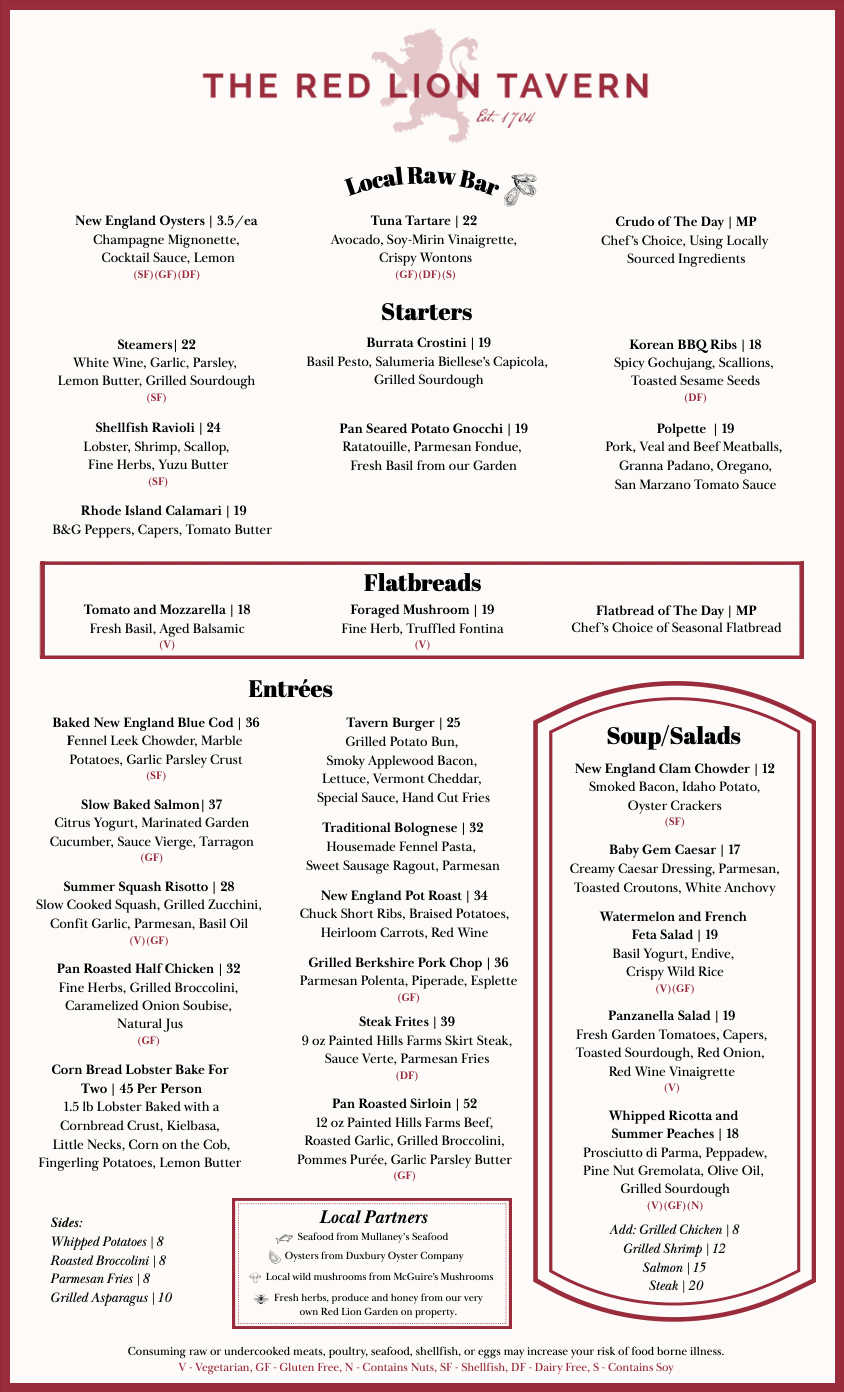 Dinner Menu — The Red Lion Tavern Cohasset