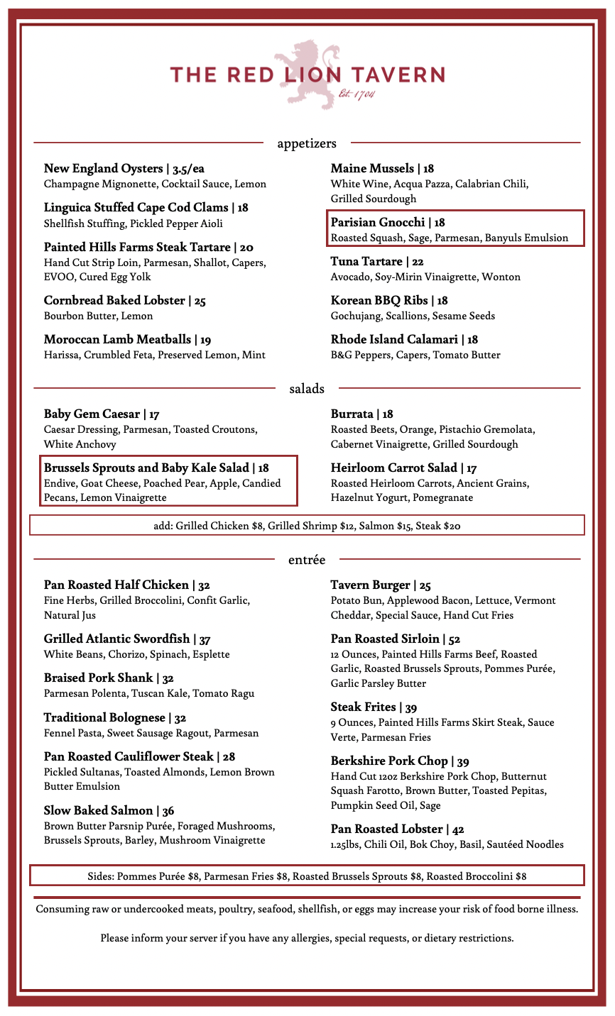 Dinner Menu — The Red Lion Tavern Cohasset
