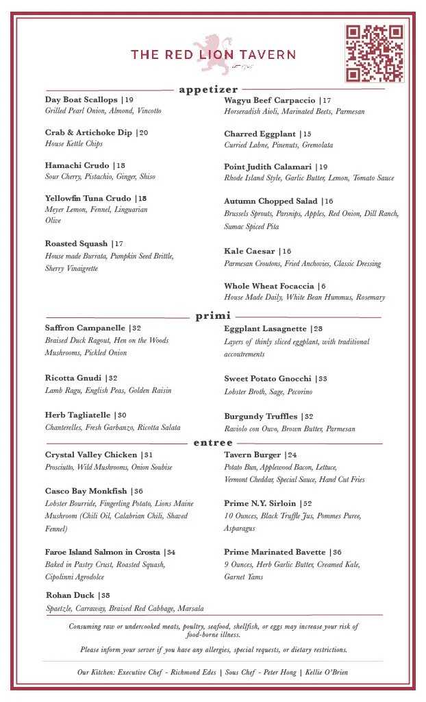 Dinner Menu — The Red Lion Tavern Cohasset