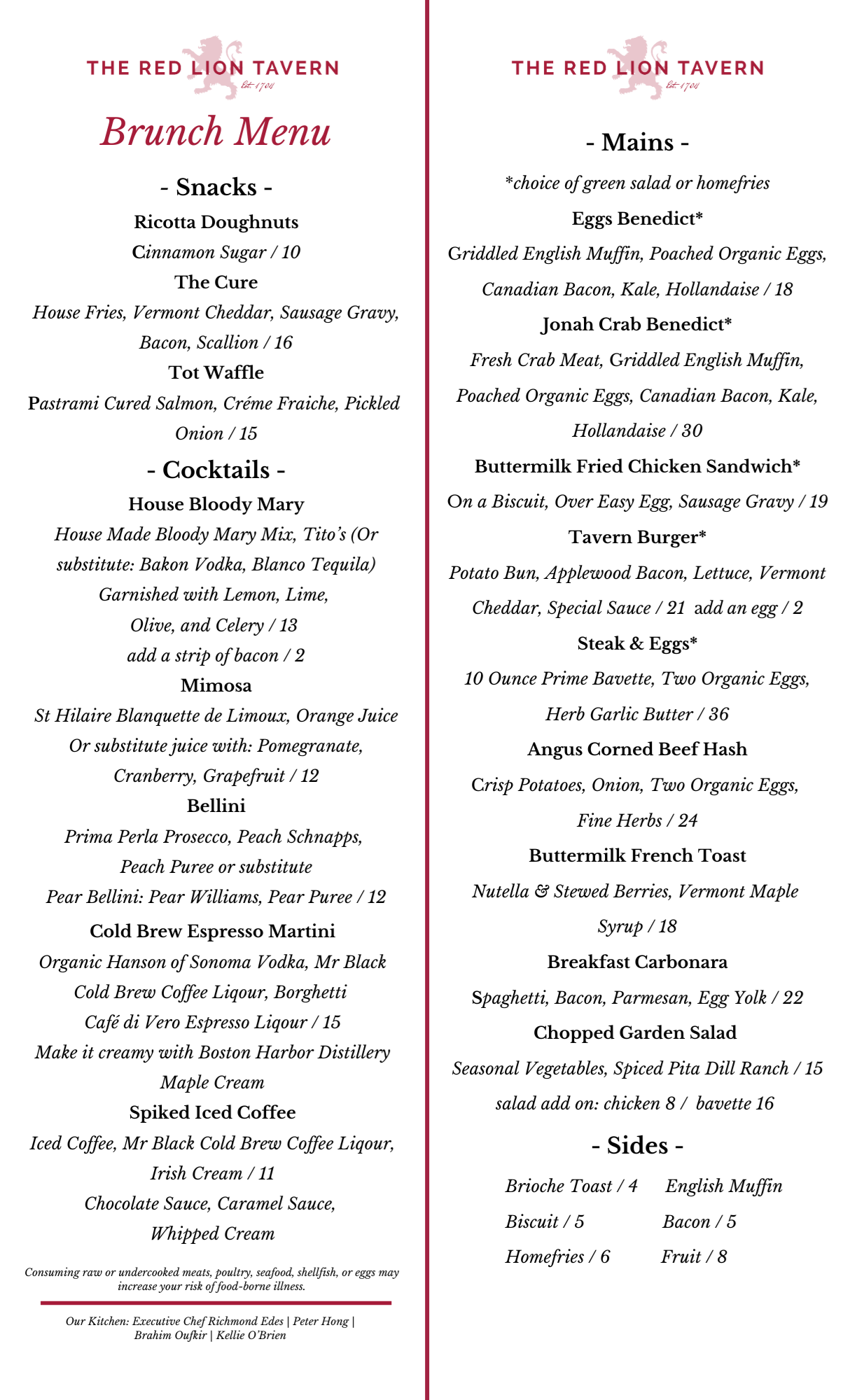Brunch Menu — The Red Lion Tavern Cohasset