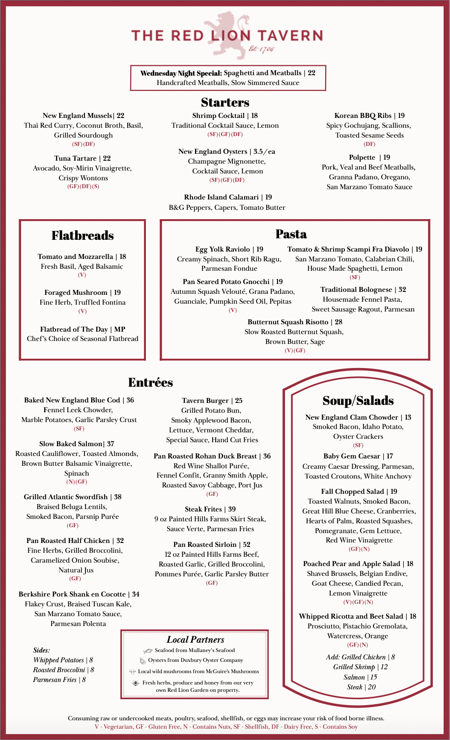 Dinner Menu — The Red Lion Tavern Cohasset