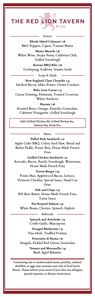 Lunch Menu — The Red Lion Tavern Cohasset
