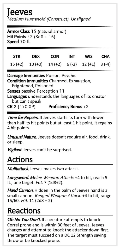 Correl Merixen (Politician) & Jeeves (Construct) — Dump Stat Adventures