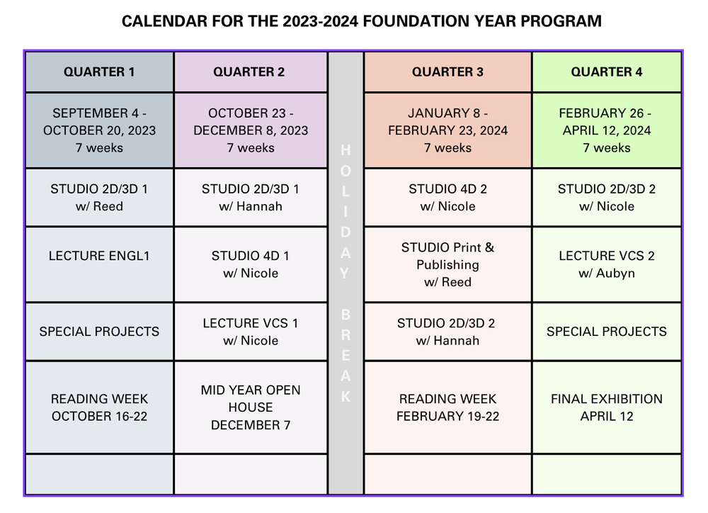 Calendar & Weekly Class Schedule 2023-24 — YUKON SCHOOL OF VISUAL ARTS