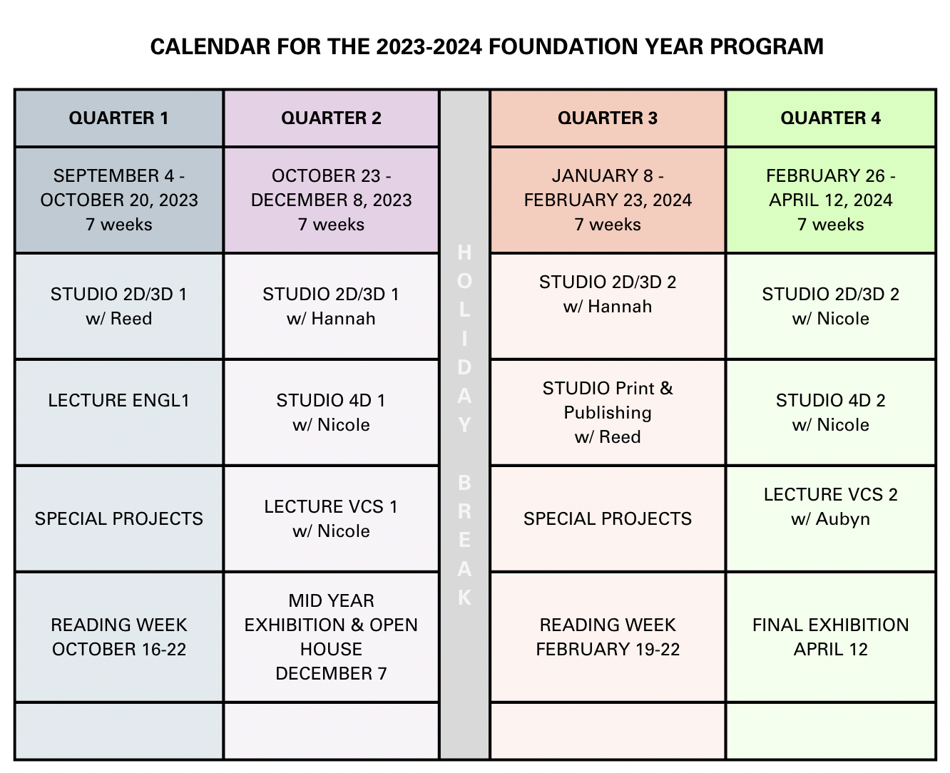 Calendar & Weekly Class Schedule 2023-24 — YUKON SCHOOL OF VISUAL ARTS