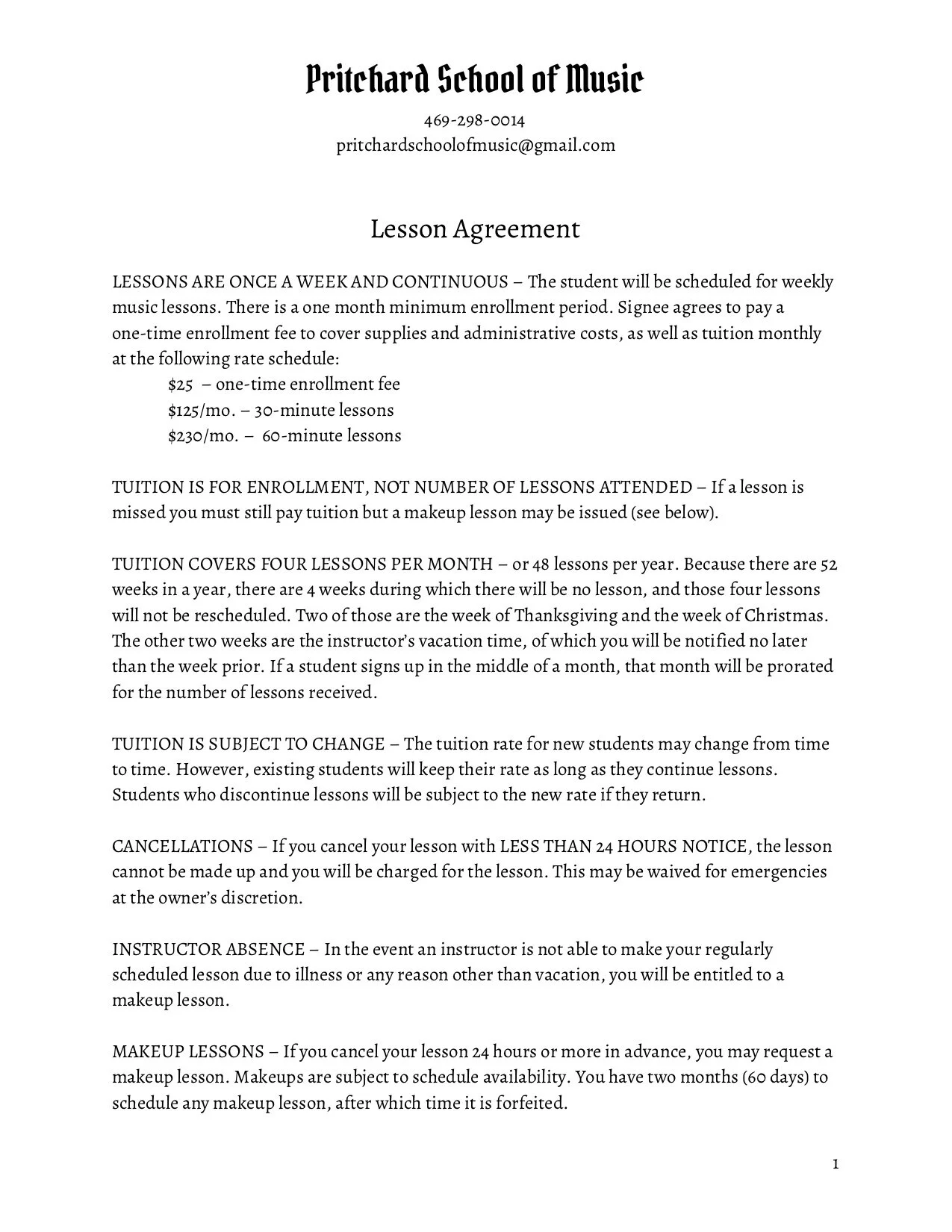 Lesson Agreement — Pritchard School of Music