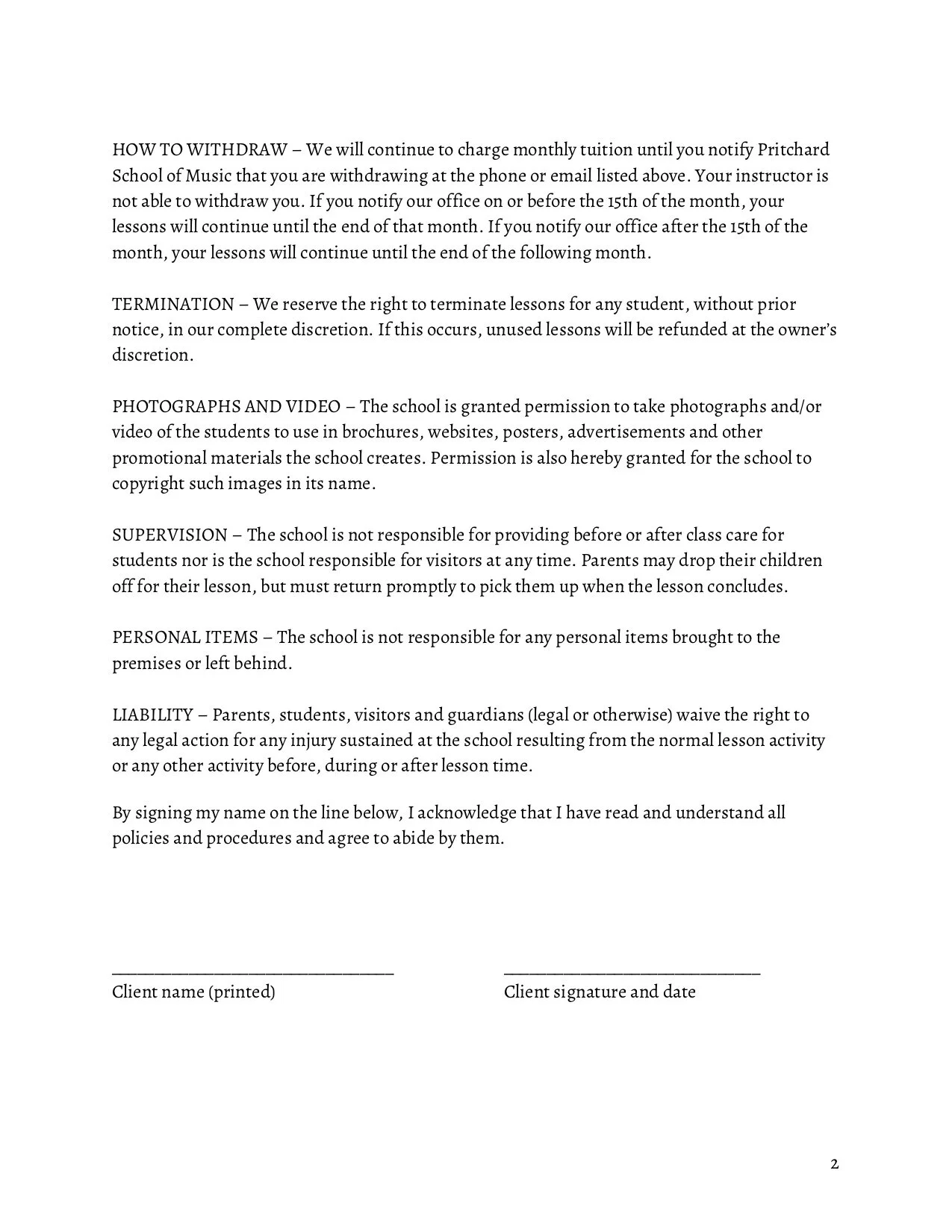 Lesson Agreement — Pritchard School of Music