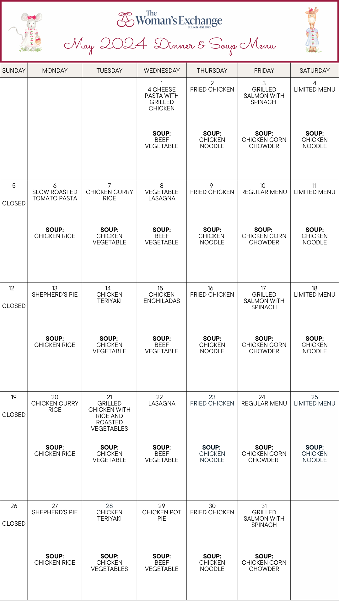 Monthly Dinner Menu — The Woman's Exchange