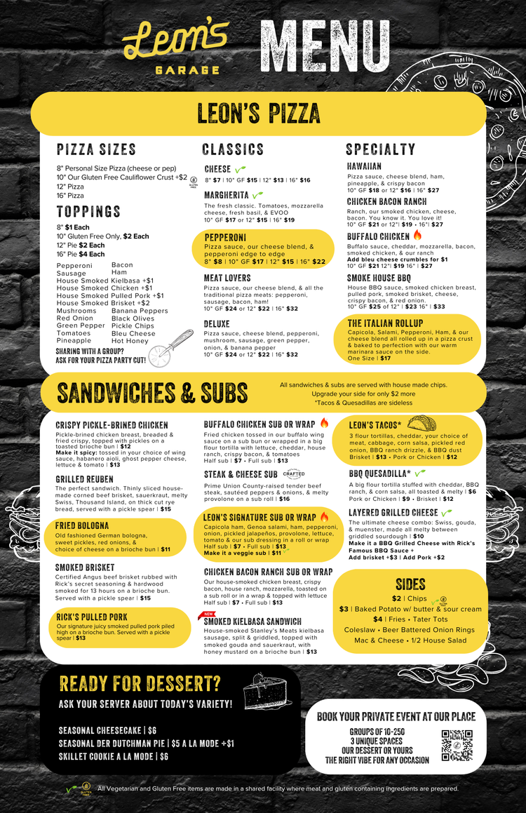 New Menu — Leon's Garage