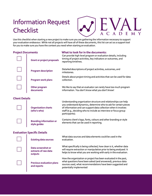 New Checklist: Information Request Checklist — Eval Academy — Eval Academy