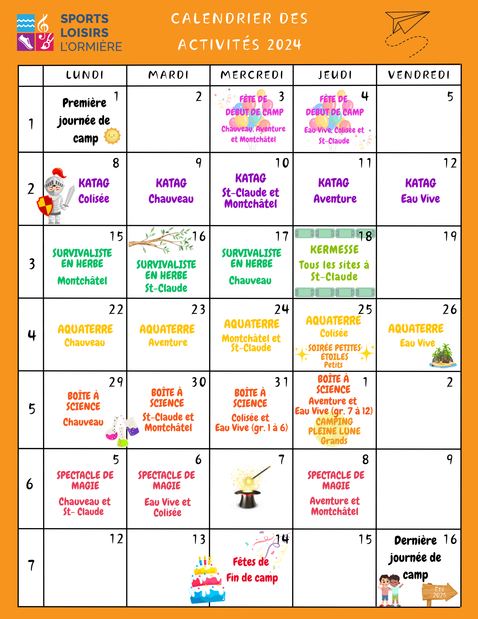 Vacances-Été Calendrier des activités 2024 — Sports-Loisirs L’Ormière