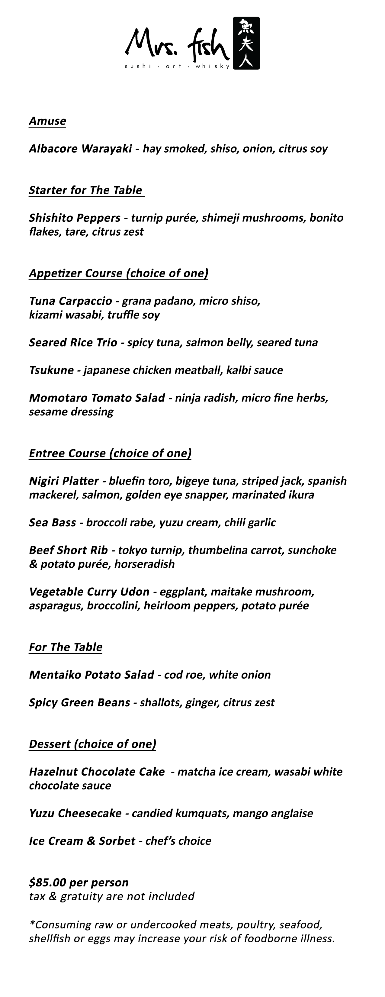 Mrs. Fish Prix Fixe Chef's 6 Course Menu — Mrs Fish