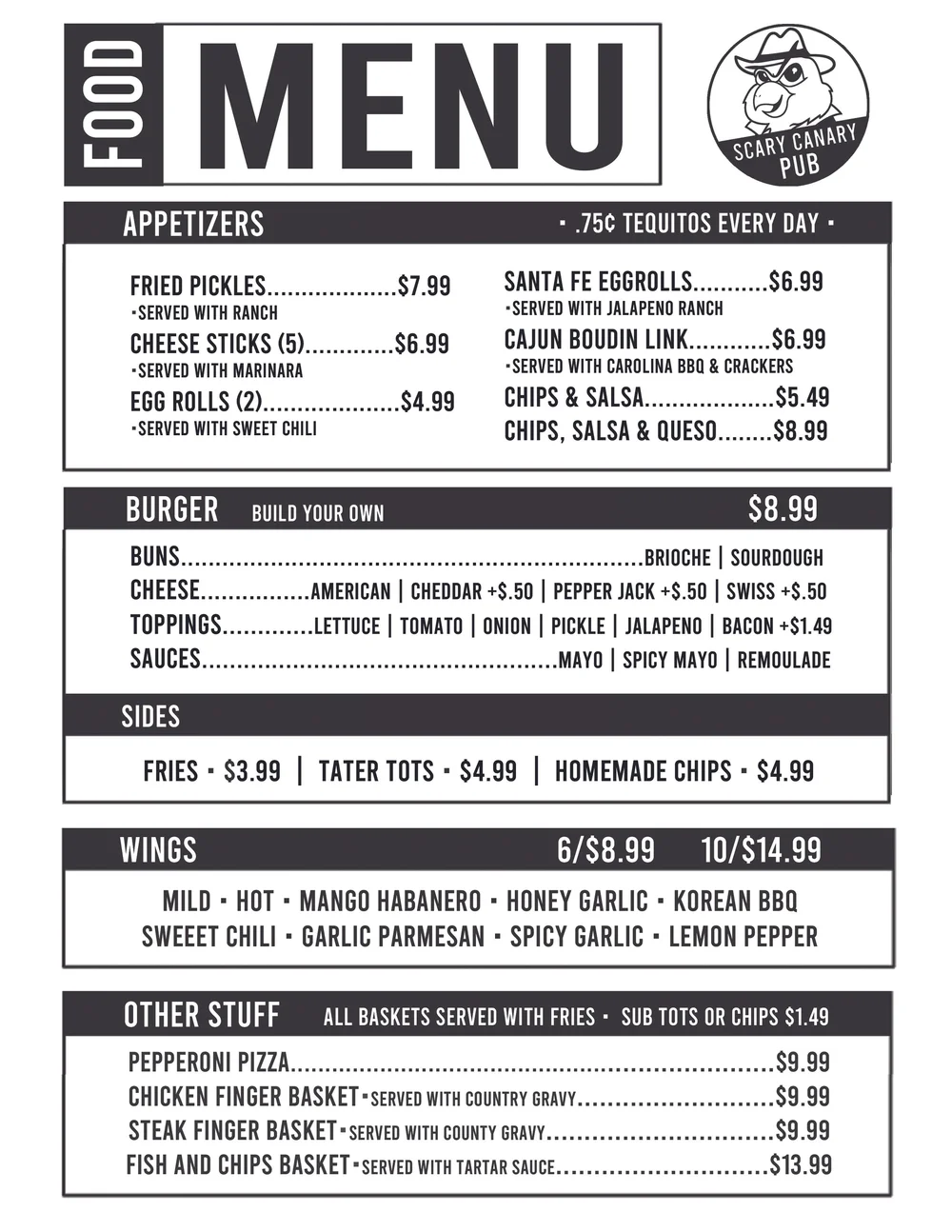 MENUS (tomball) — Scary canary pub