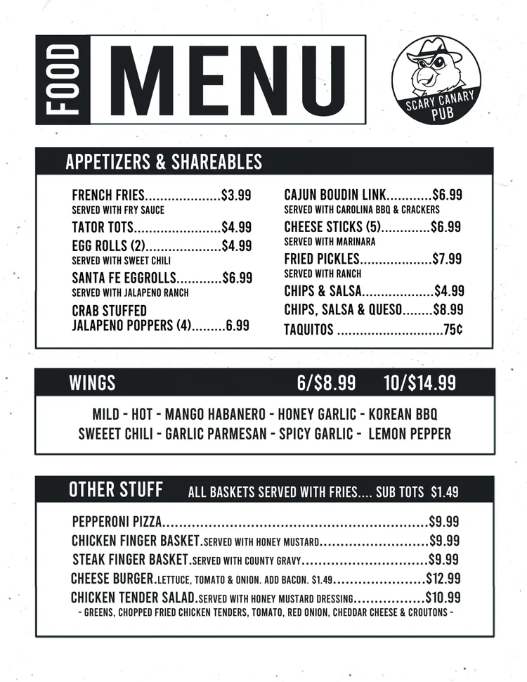 MENUS (copperfield) — Scary canary pub