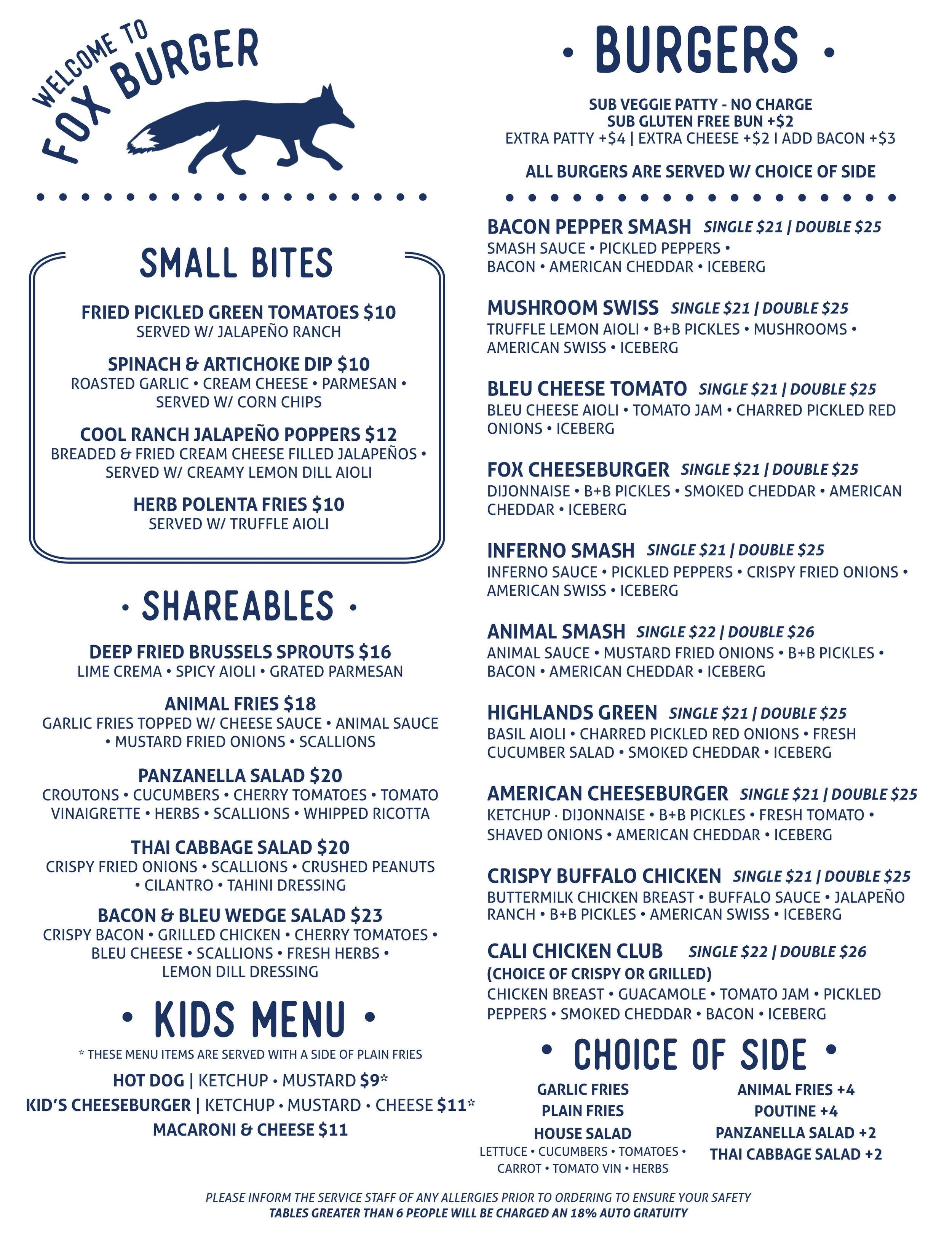 Highlands Menus — FOX BURGER