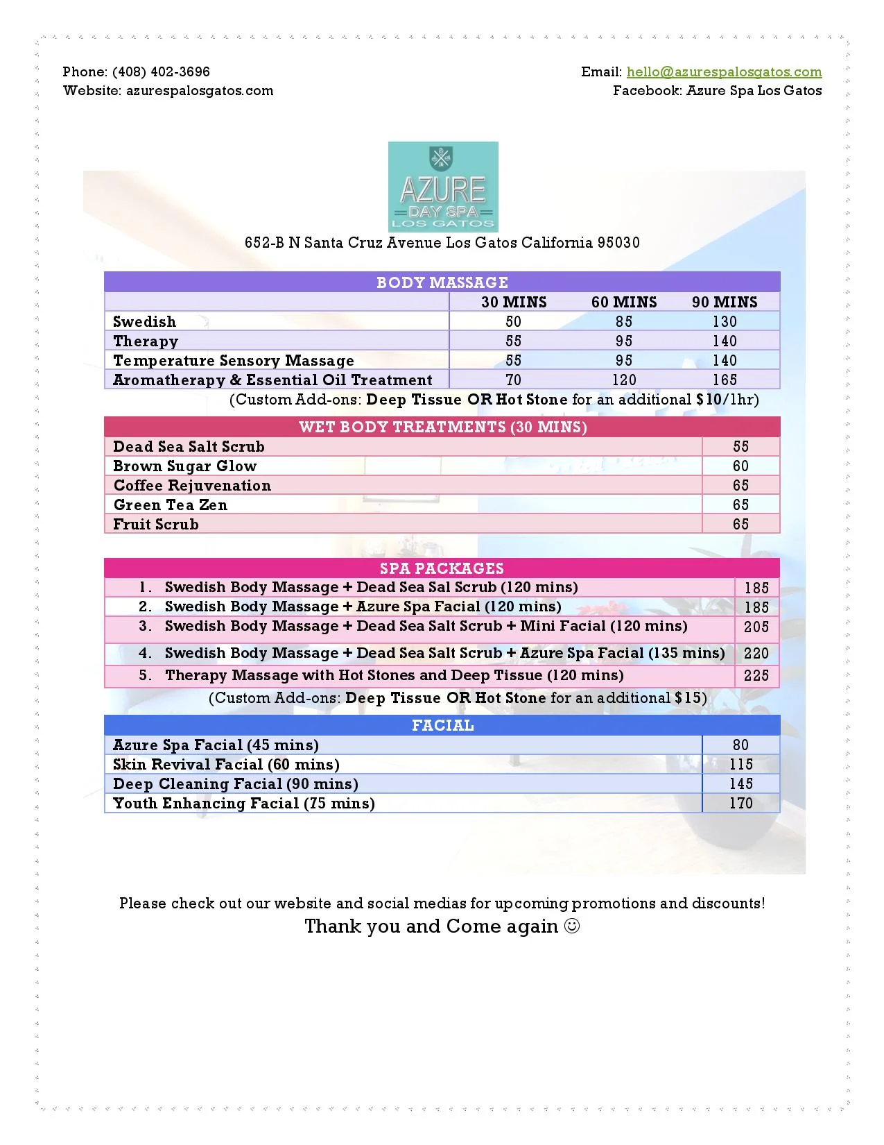 PRICING — Azure Spa Los Gatos