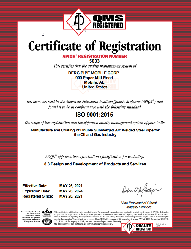 Borusan Berg Pipe — Certifications