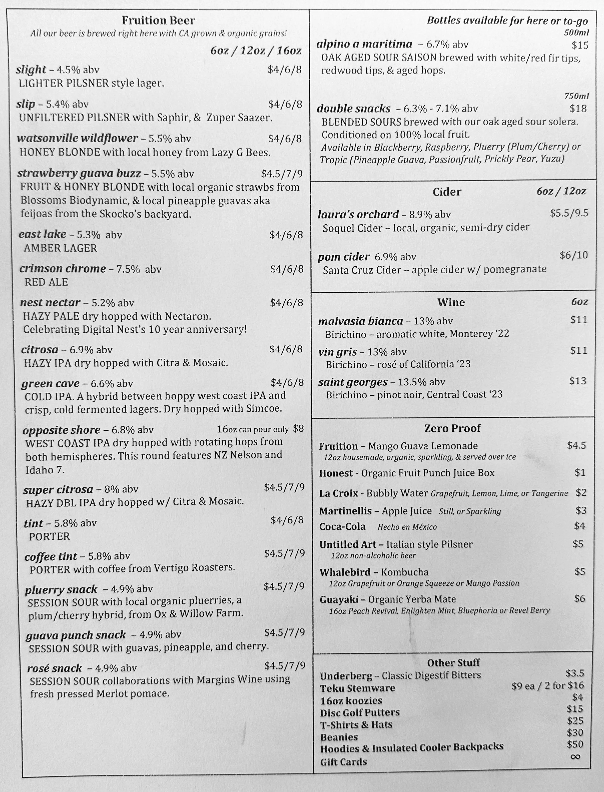 Food & Drink Menus — Fruition Brewing