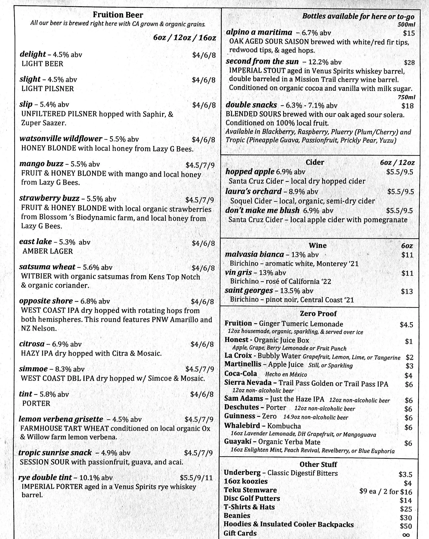 Food & Drink Menus — Fruition Brewing