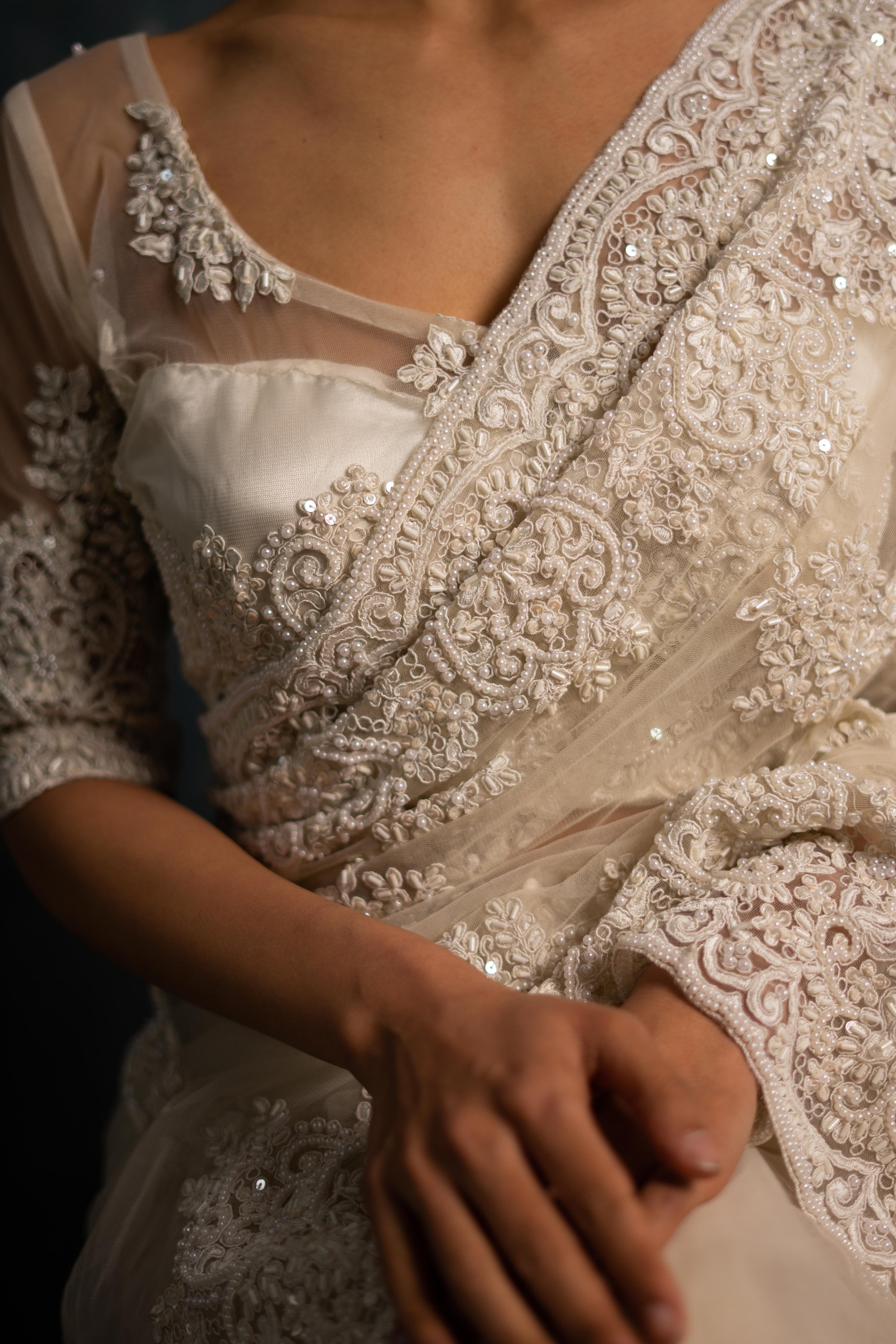 White Pearl Work Wedding Saree - Bridal Edits by Loukiya