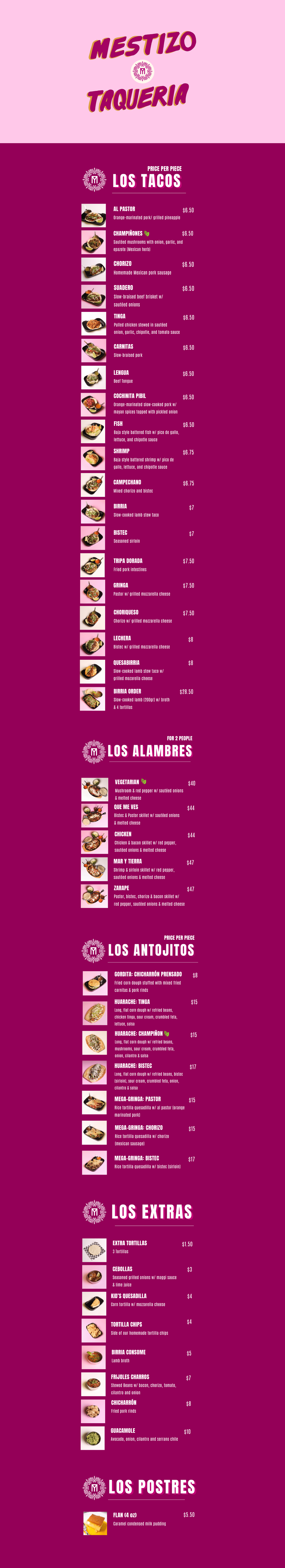 Mestizo Taqueria Menu — Mestizo