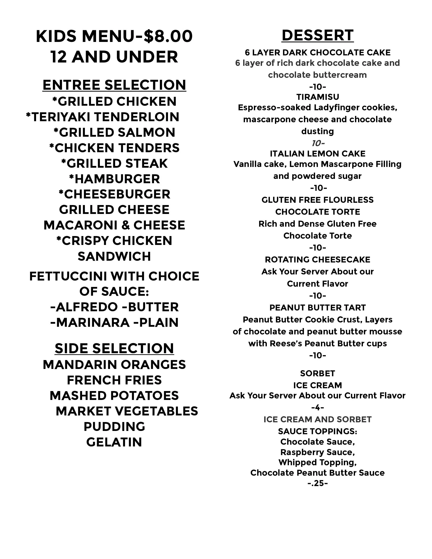Kelly's Steak & Seafood — DINE IN MENU