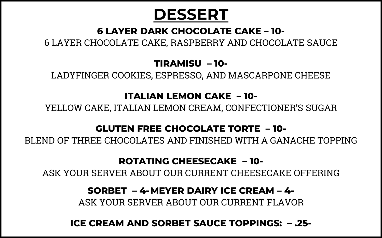 KELLY'S STEAK & SEAFOOD — DINE IN MENU