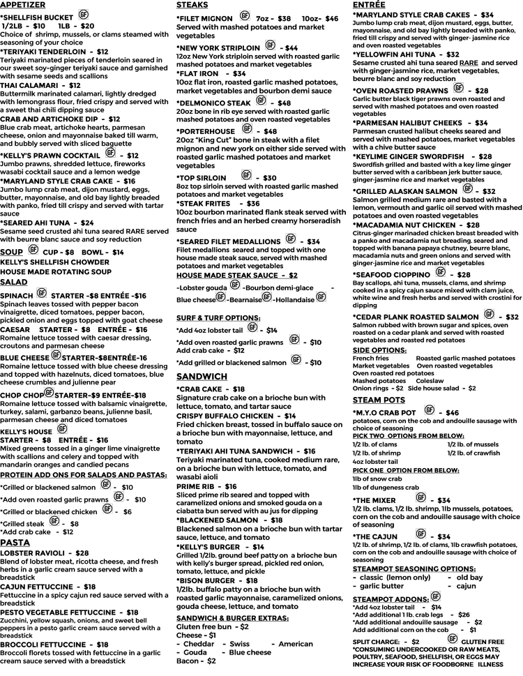 Kelly's Steak & Seafood — DINE IN MENU