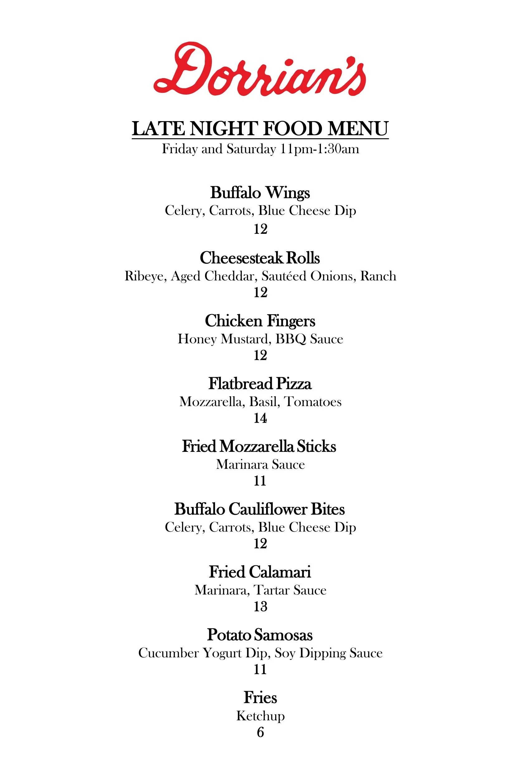 MENUS — DORRIAN'S RED HAND (JERSEY CITY)