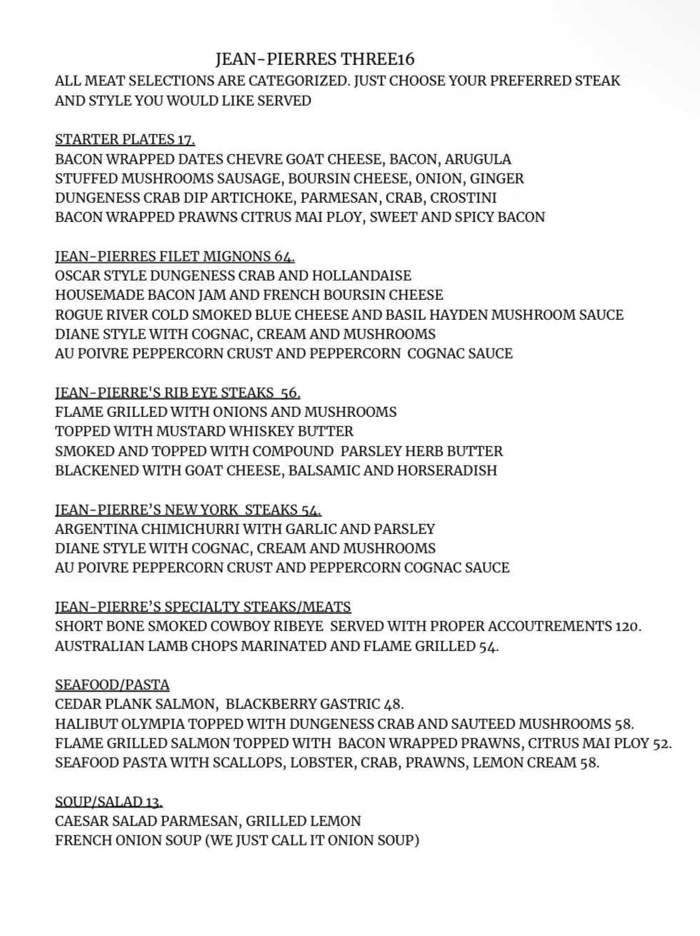 Menu — Jean-Pierre's Three16