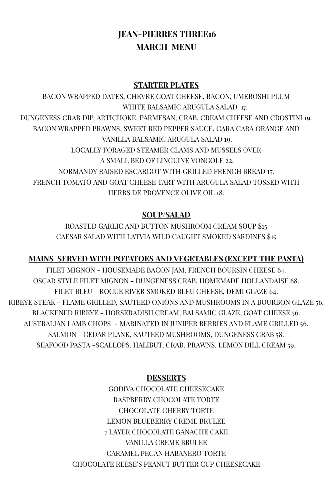Menu — Jean-Pierre's Three16