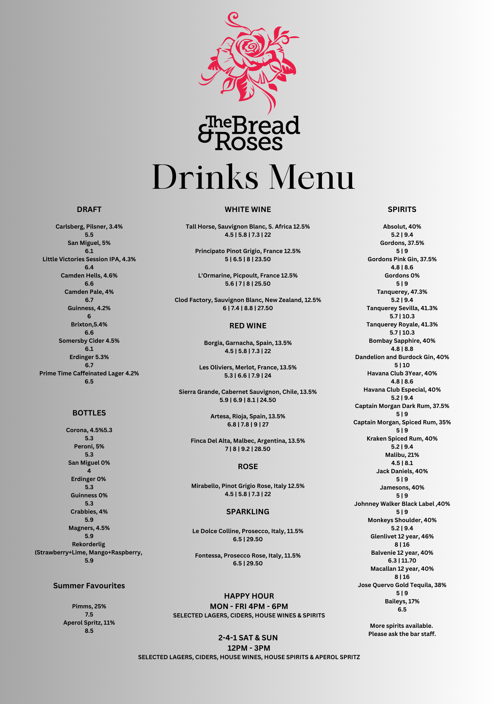 Menu — Bread and Roses