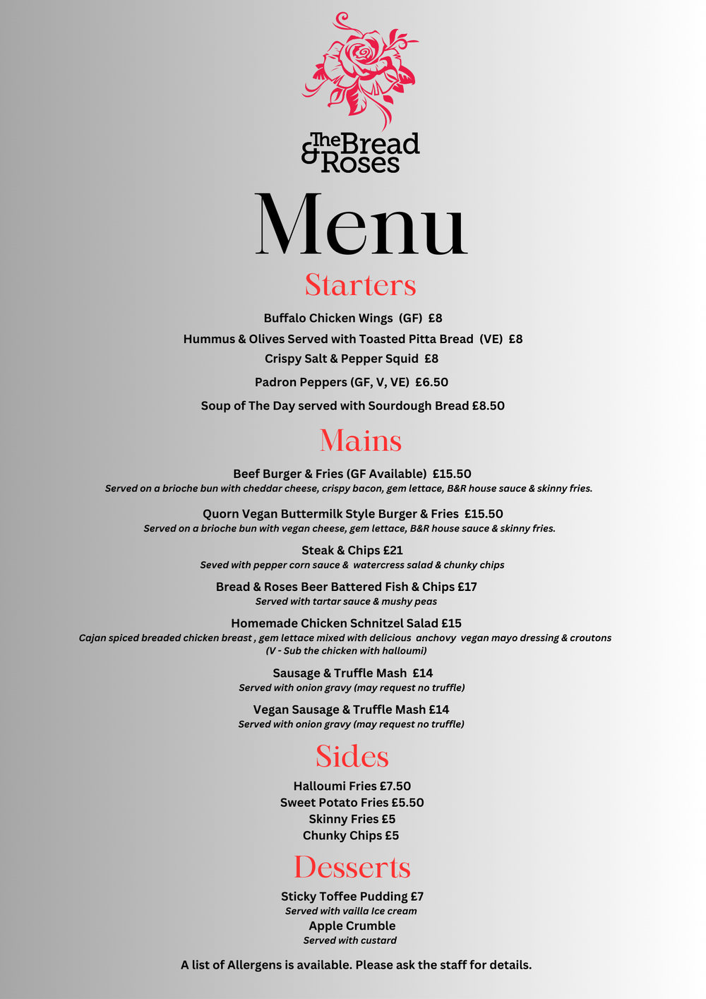 Menu — Bread and Roses