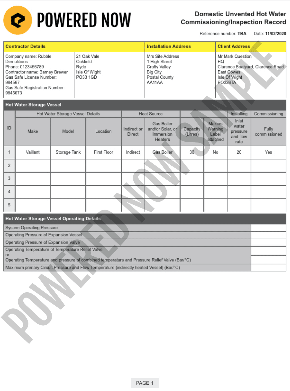 Domestic Unvented Hot Water Commissioning Inspection Record — Powered Now