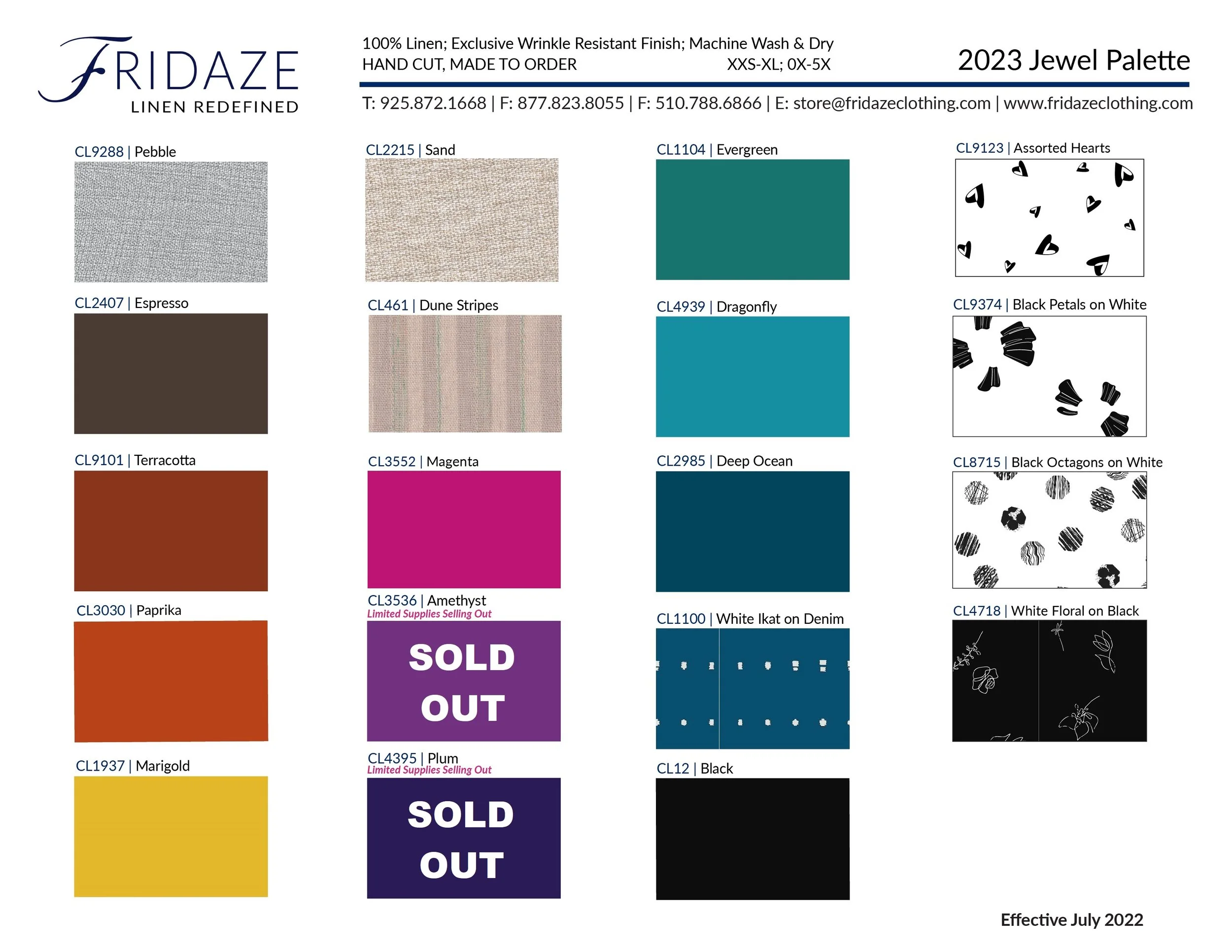 Retail Line Sheet & Color Chart — Fridaze - The Original Wrinkle ...