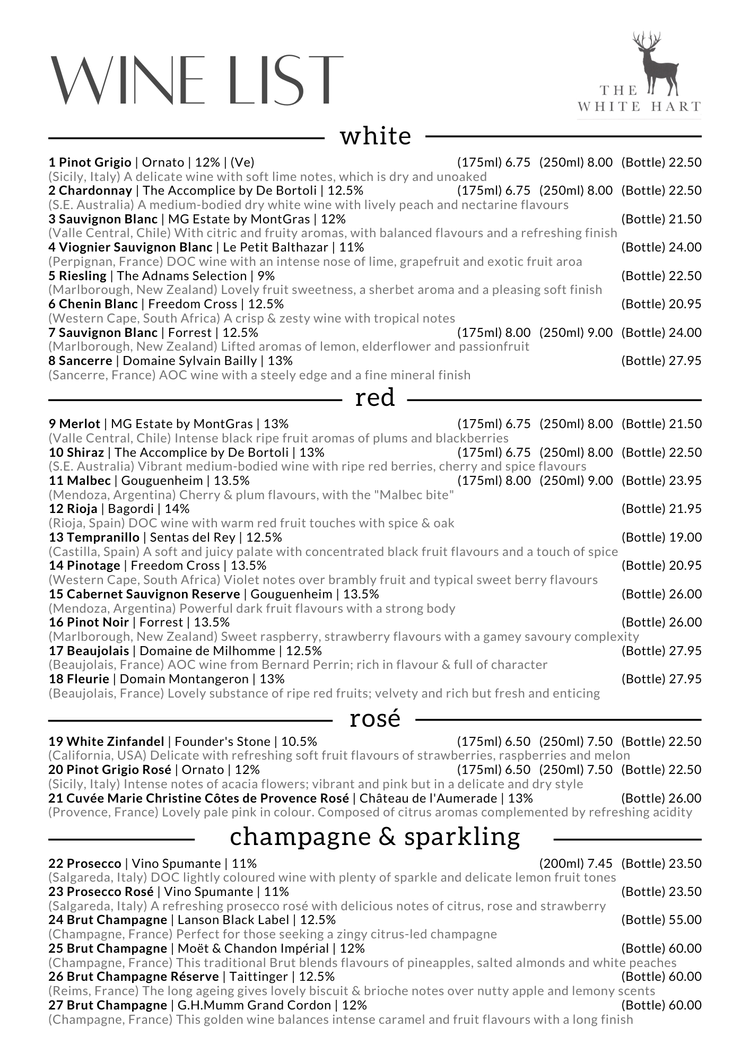 Wine List — The White Hart, Godmanchester
