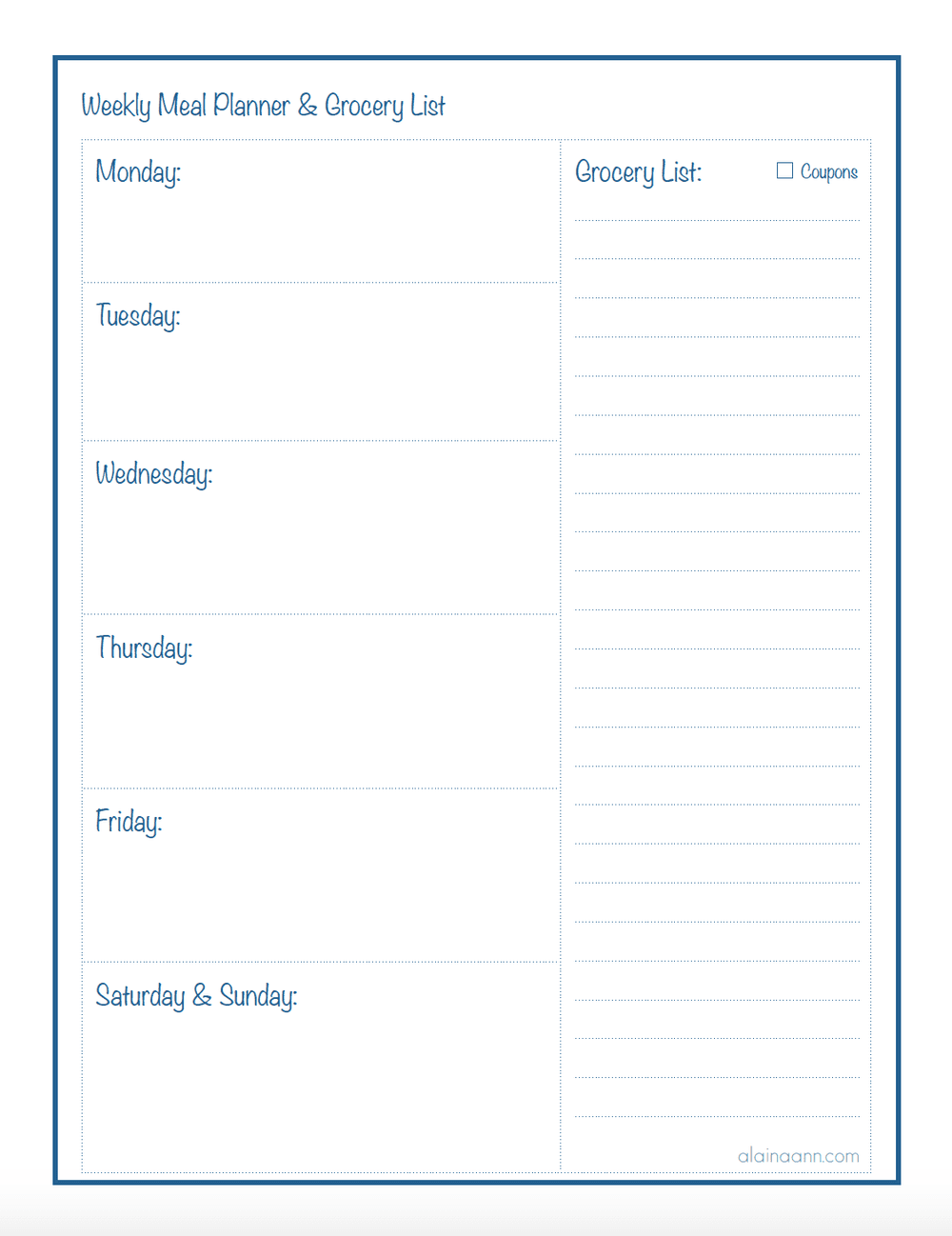 Weekly Meal Planner and Grocery List Printable — Alaina Ann