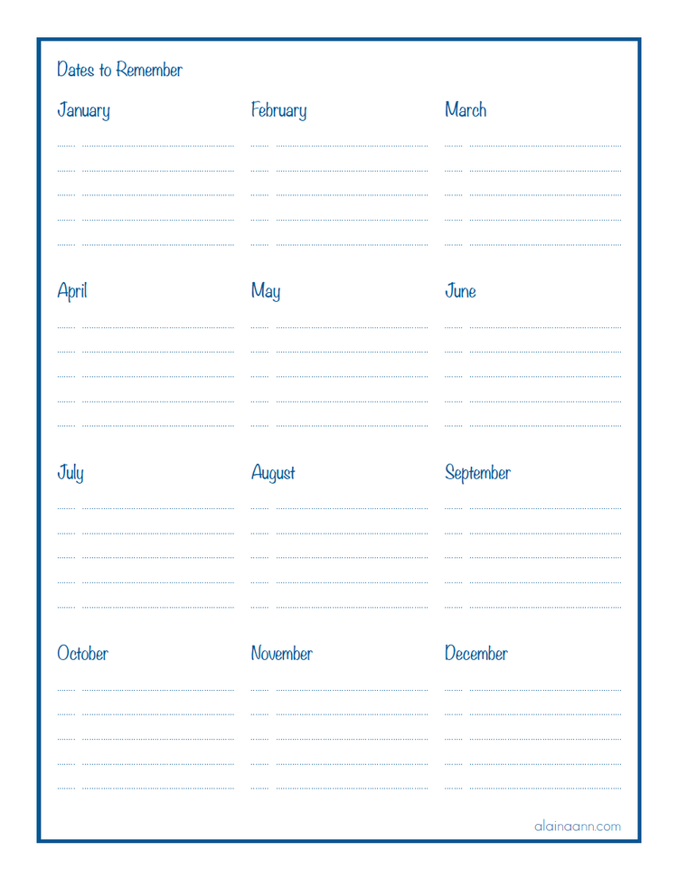 Dates to Remember Printable — Alaina Ann