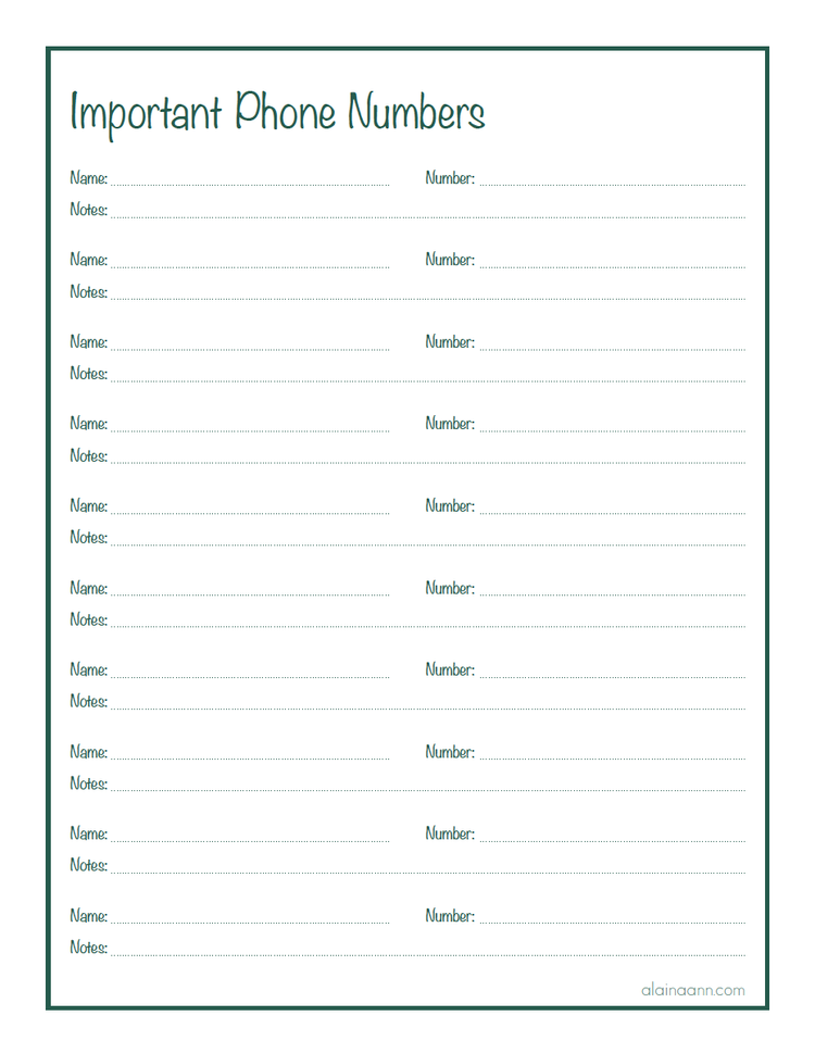 Important Phone Numbers Printable — Alaina Ann