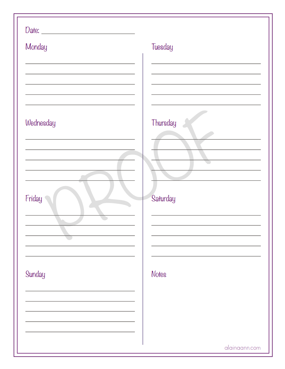 Weekly Schedule Printable — Alaina Ann