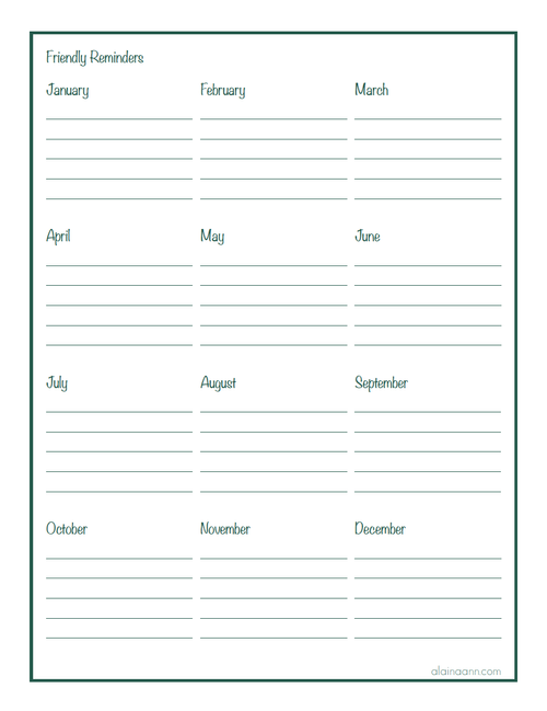Monthly Reminders Printable — Alaina Ann